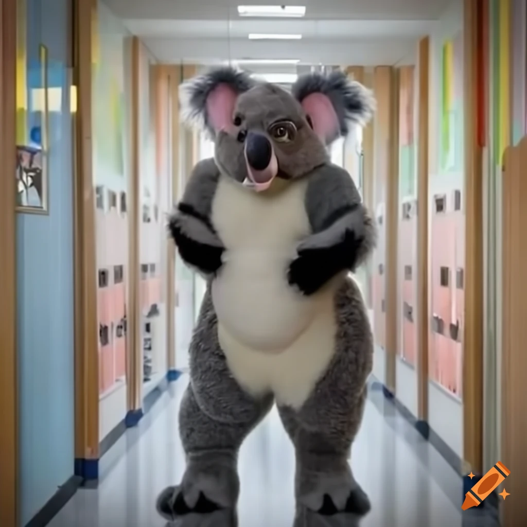 Male teacher in koala mascot fursuit at school hallway on Craiyon