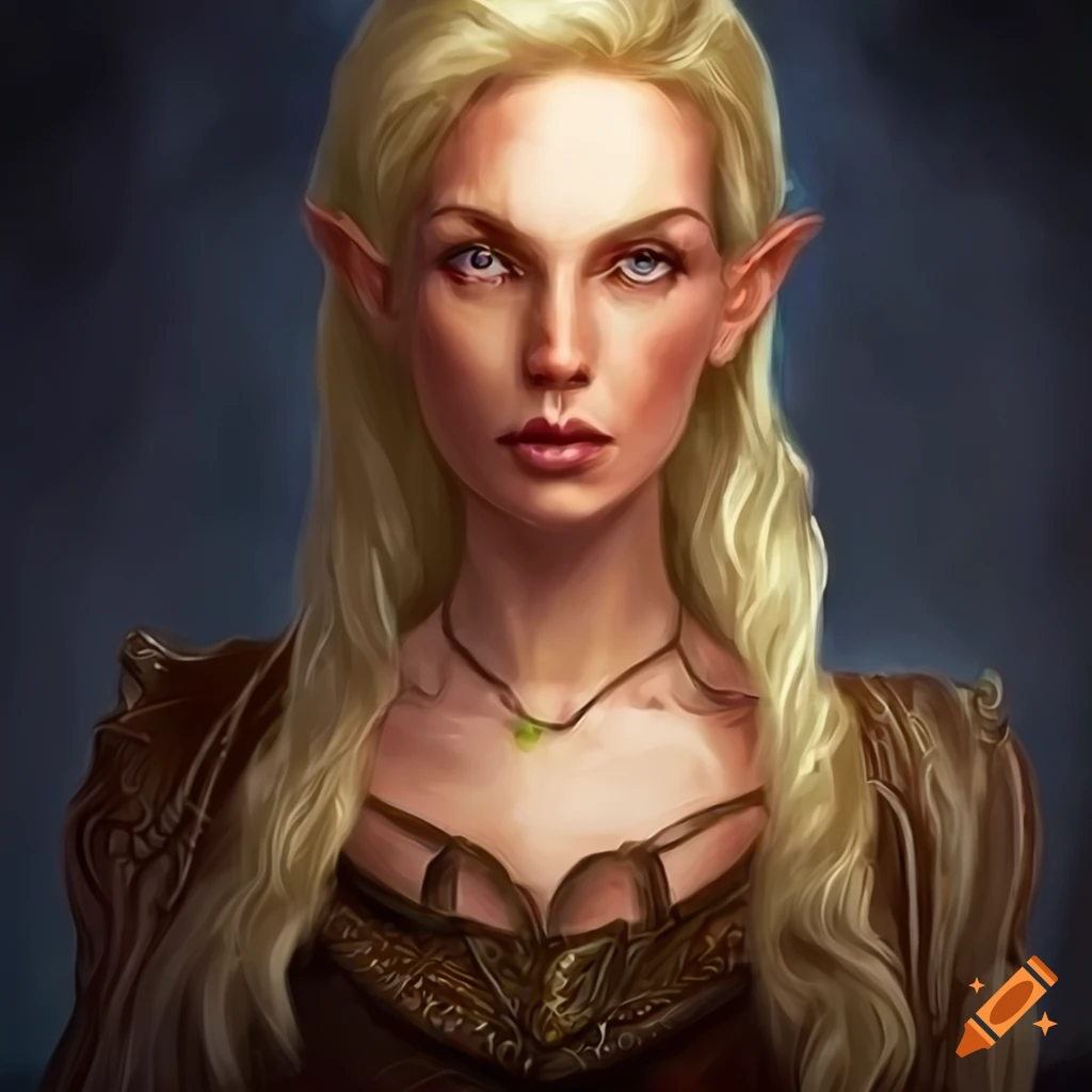 Portrait of a middle-aged blonde half-elf woman church administrator in ...