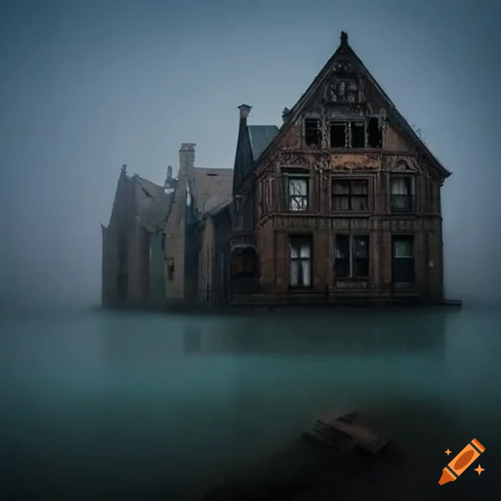 Abandoned victorian buildings sinking into dark ocean in golden fog on ...