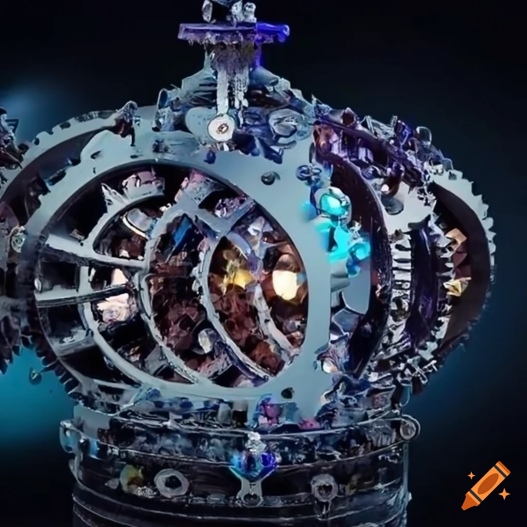 Intricate mechanical structure with gemstones on Craiyon