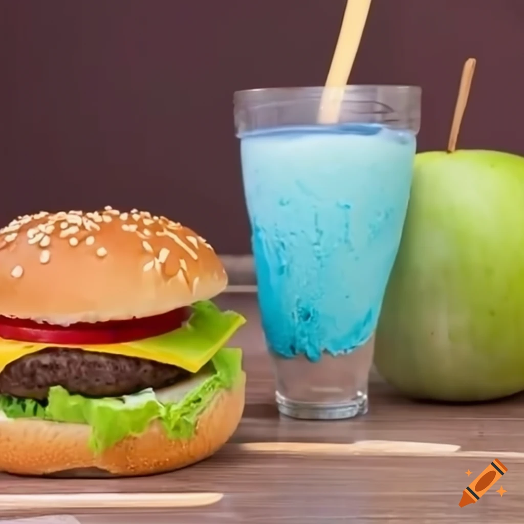 Hamburger, blue ice cream, and apple on a table on Craiyon
