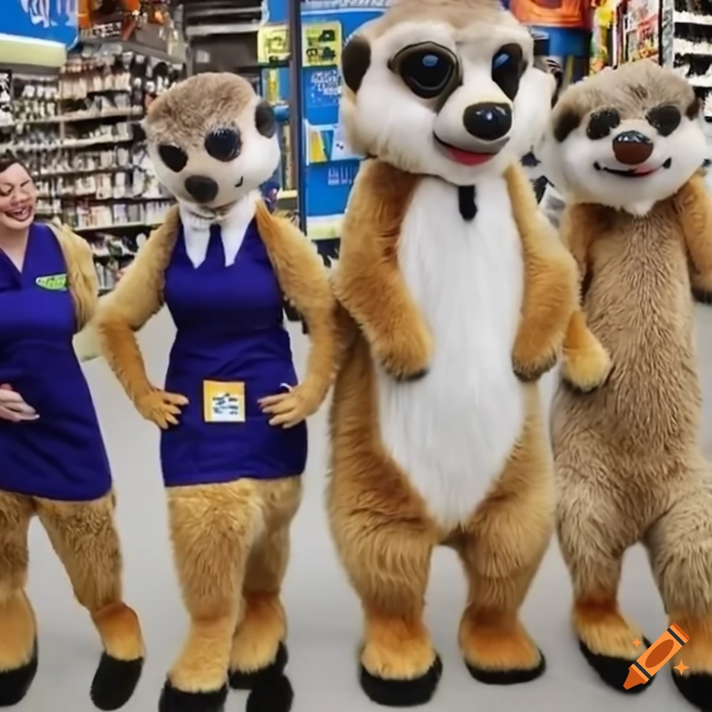 Three female employees in full body meerkat mascot fursuits at Walmart ...