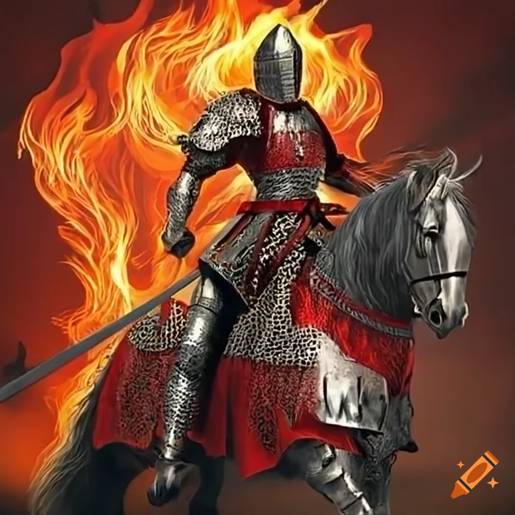 Red knight on horseback with fire on Craiyon