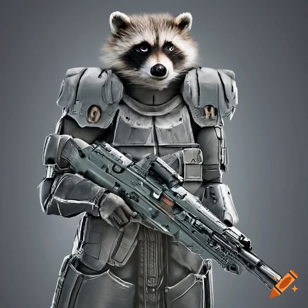 Modern raccoon soldier in heavy power armor with smg in camouflage on ...