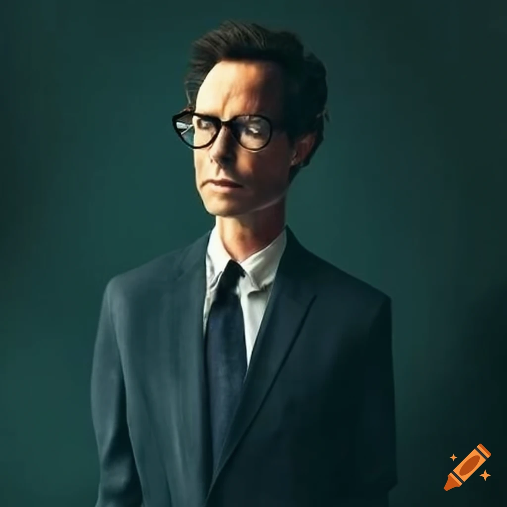 Tom Cavanagh wearing glasses, suit, and tie on Craiyon