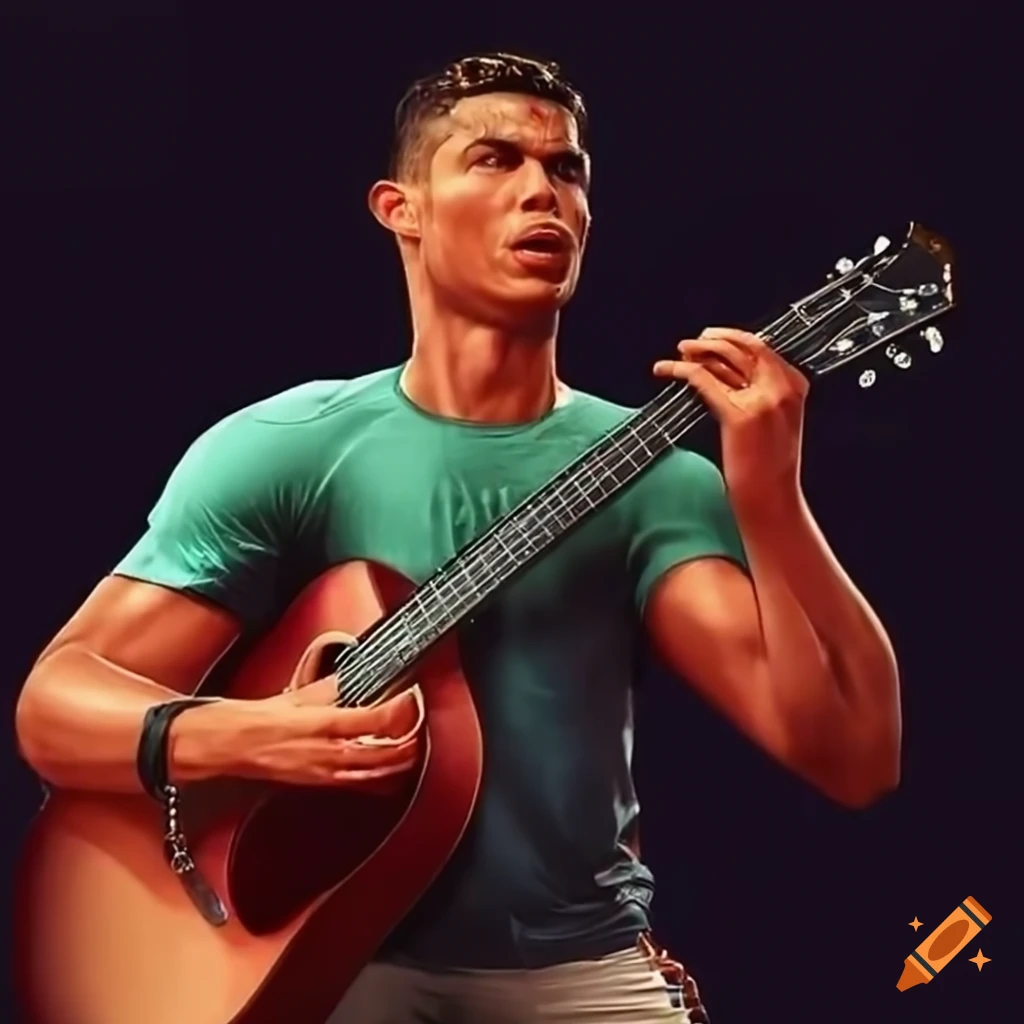 Ronaldo playing guitar with a band on Craiyon