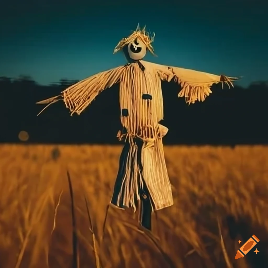 Scarecrow in a field with dancing musical notes on Craiyon