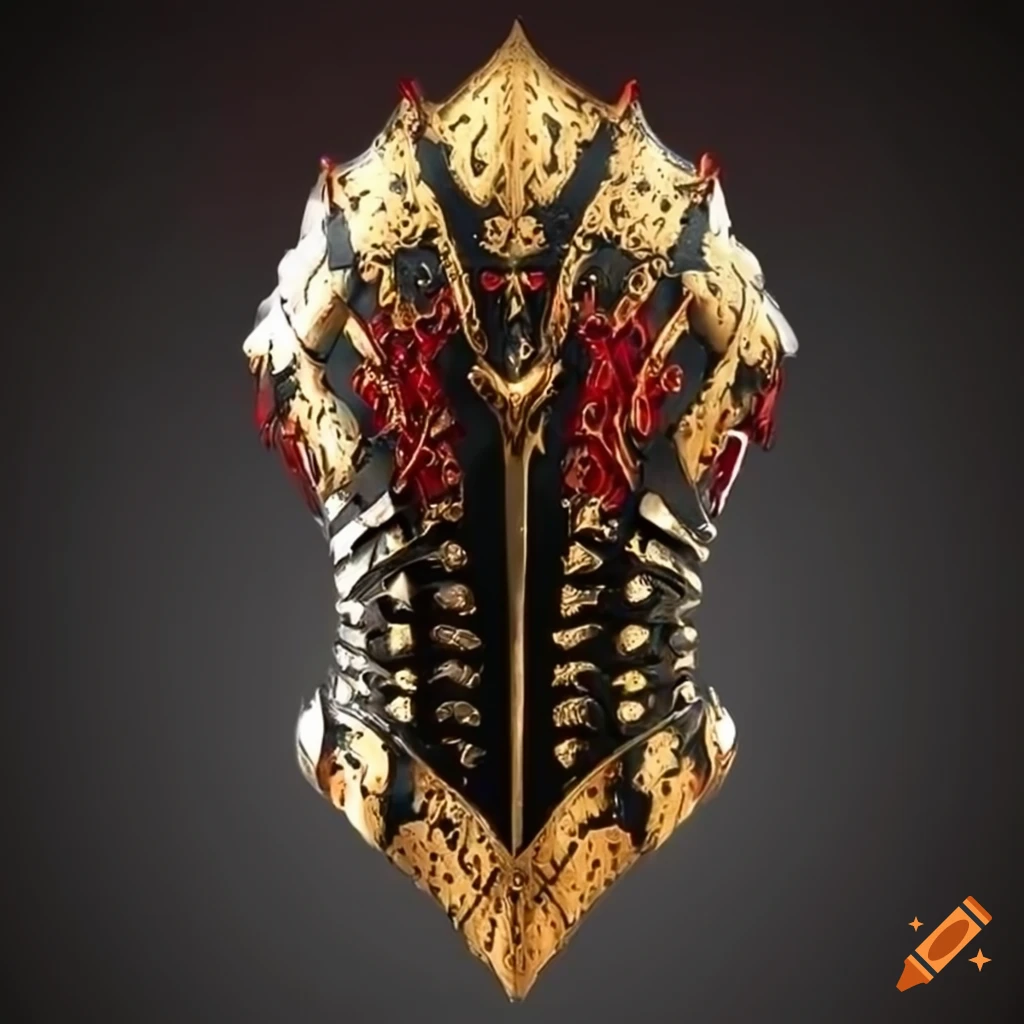 Intricate black, gold, and red arm armor design on Craiyon