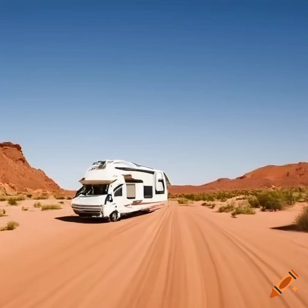 Motorhome driving on a desert road on Craiyon