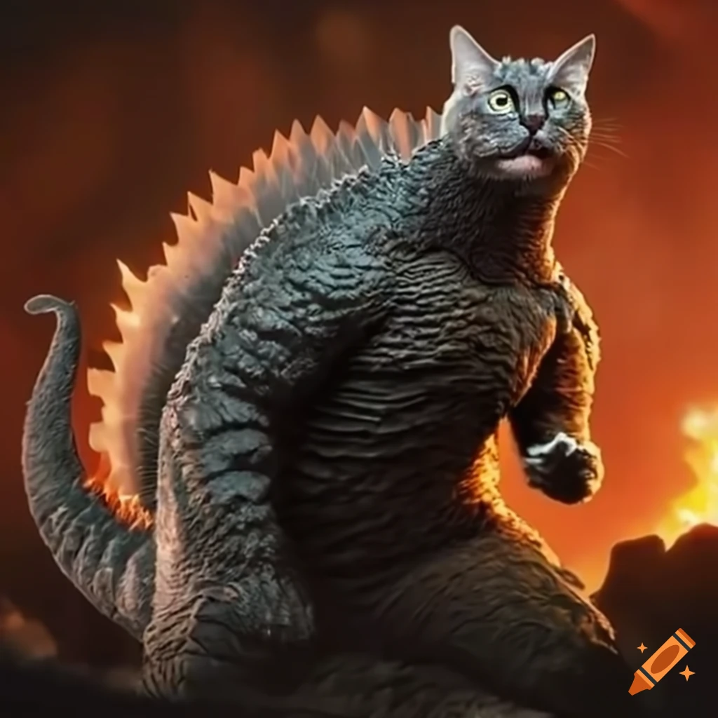 Cat resembling godzilla engaged in a playful fight on Craiyon