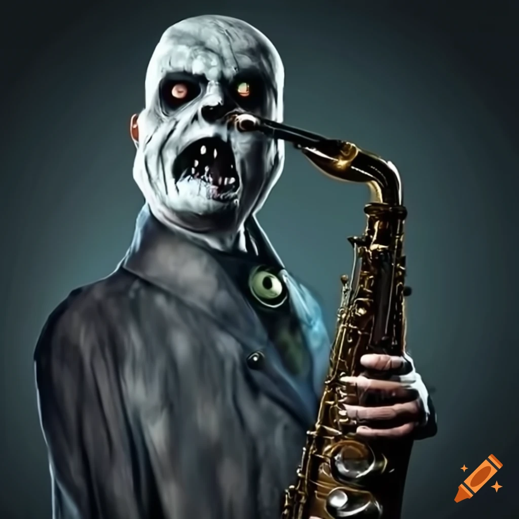 Saxophone player with a dark and funny horror vibe on Craiyon