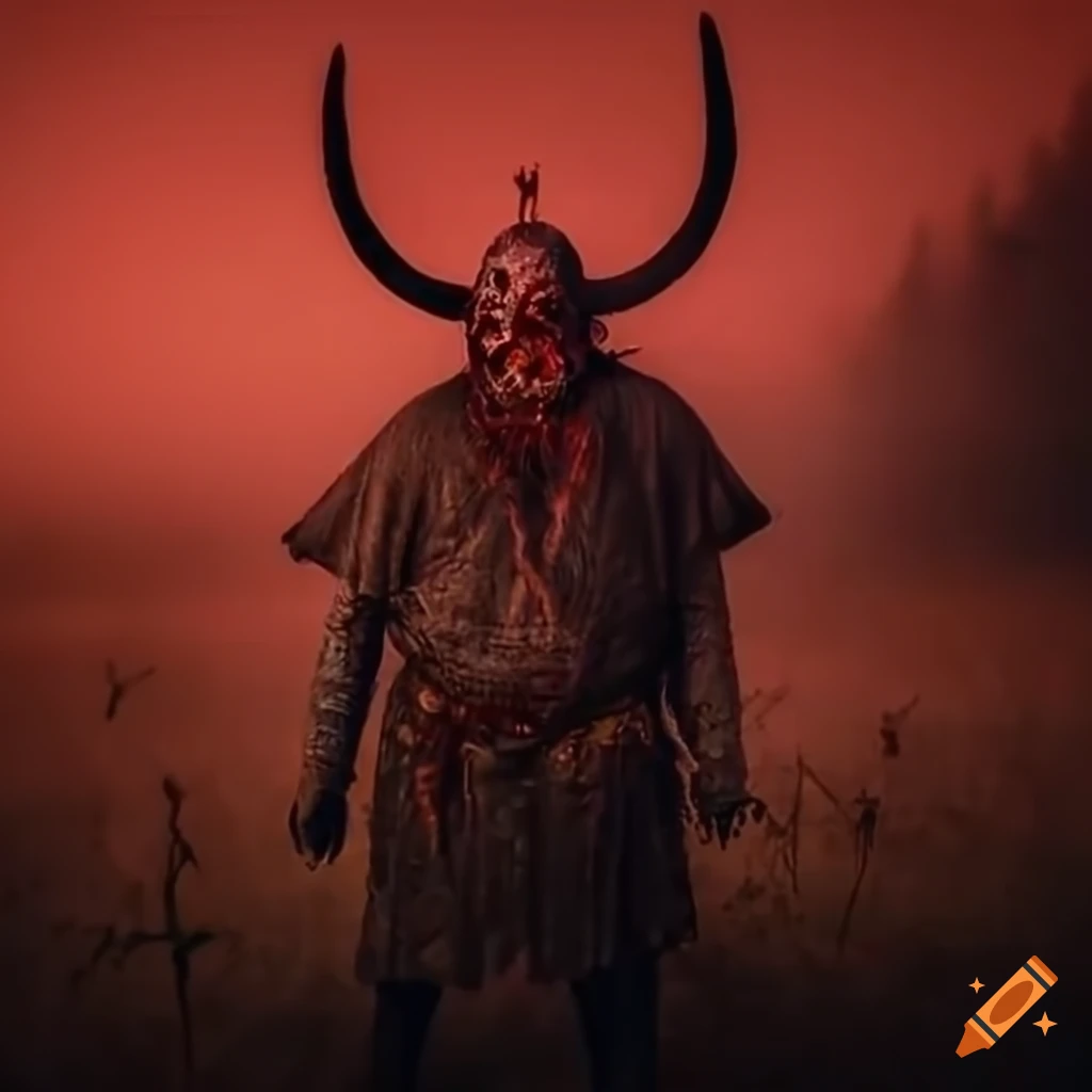 Zombie viking in a foggy field with red hue on Craiyon