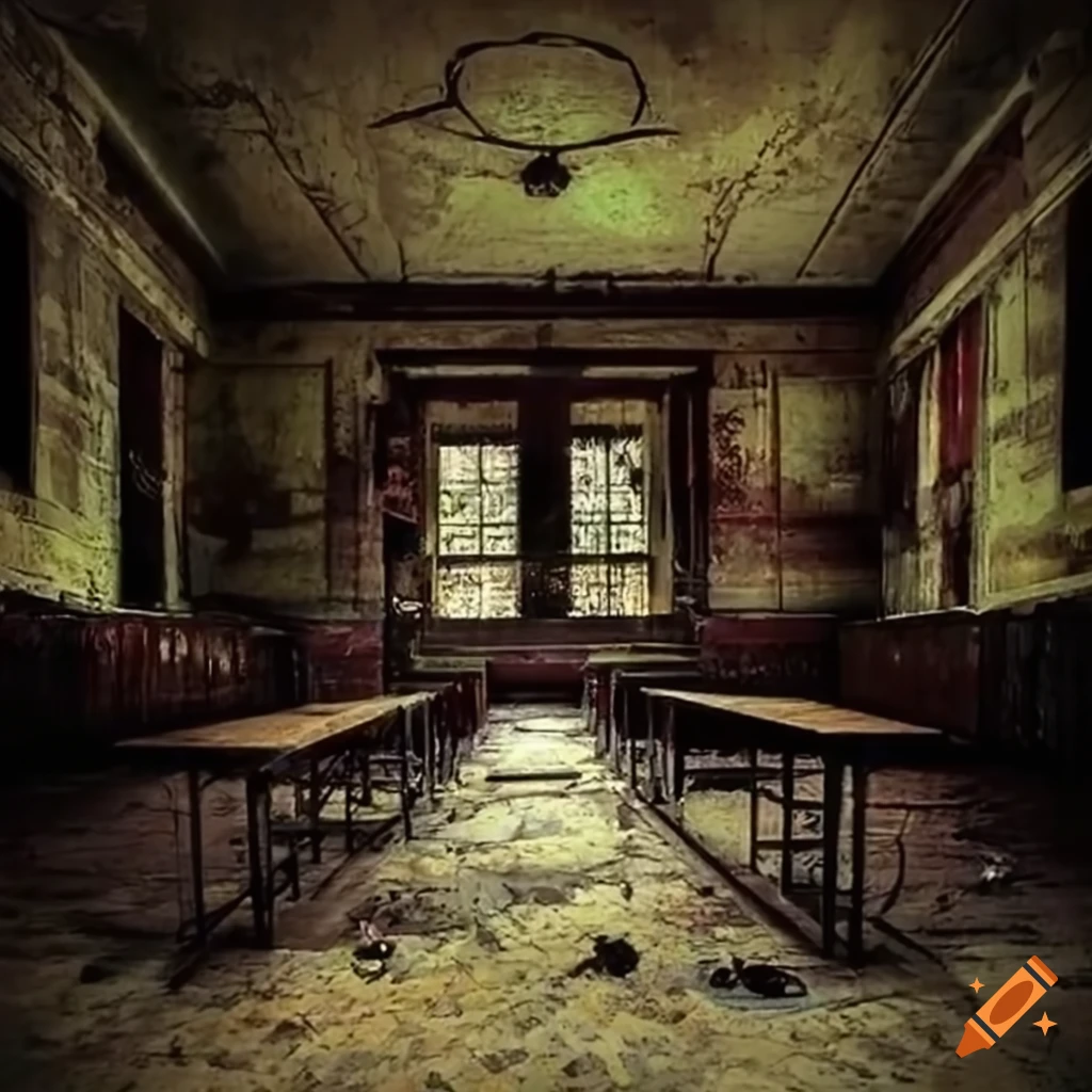 Dilapidated haunted classroom lit by flashlights at night on Craiyon