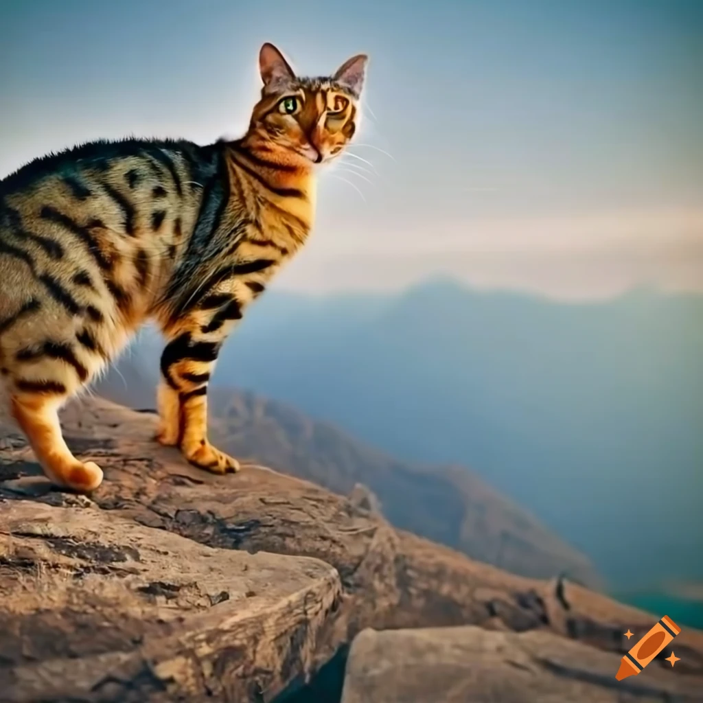 Bengal cat walking on a trail with blue ridge mountains in the ...