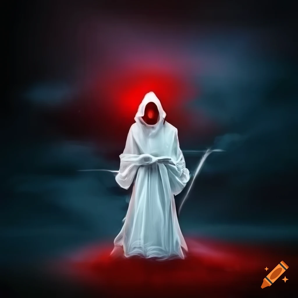 Grim reaper in white robe with glowing red eyes and hands against a ...