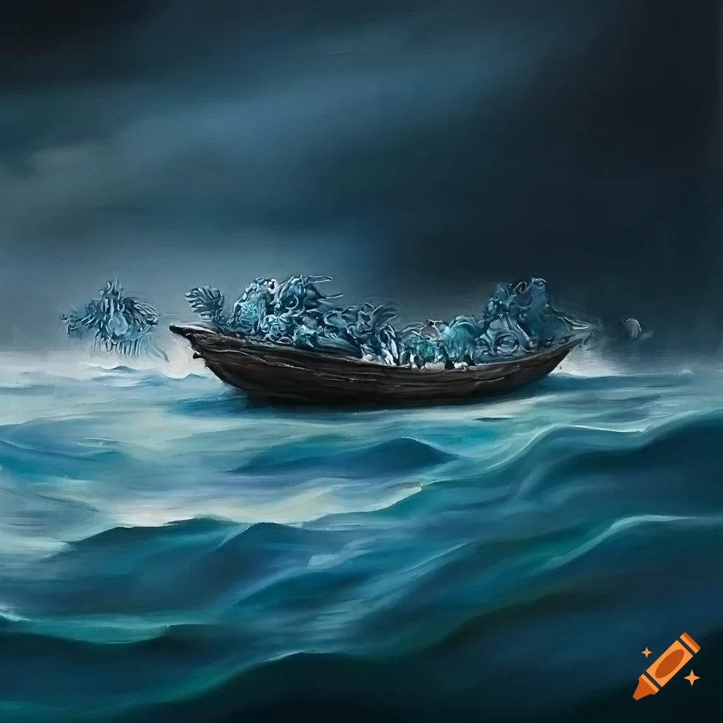 Close-up of newly built bamboo asian boat in stormy grey sea with ...