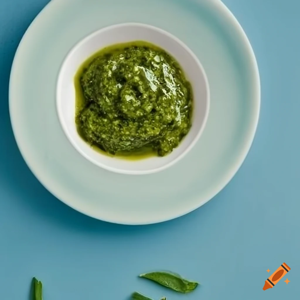 Elegant pesto food photography with white and light blue accents on Craiyon