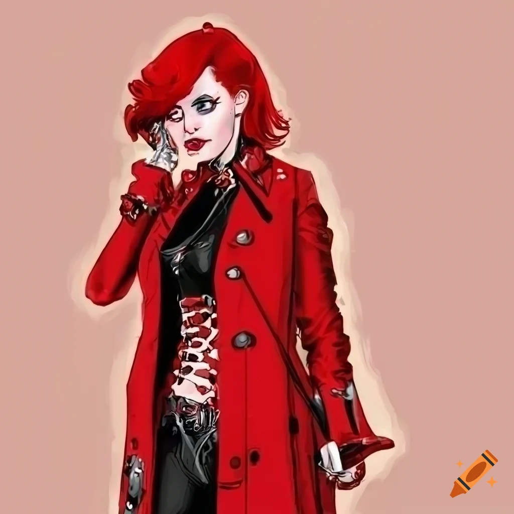 Madame in a red punk-style coat in a comic book art on Craiyon