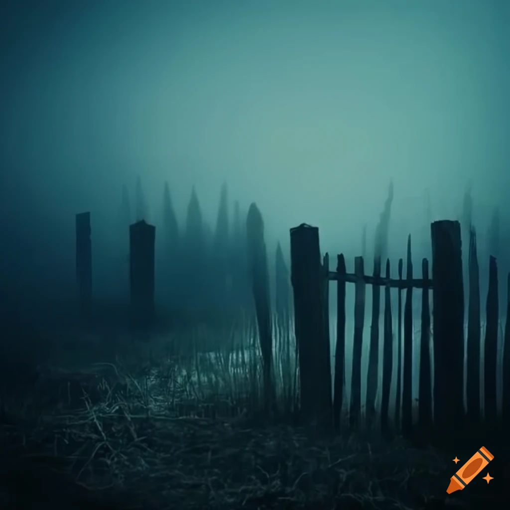 Foggy farm with dark fence in a spooky setting on Craiyon