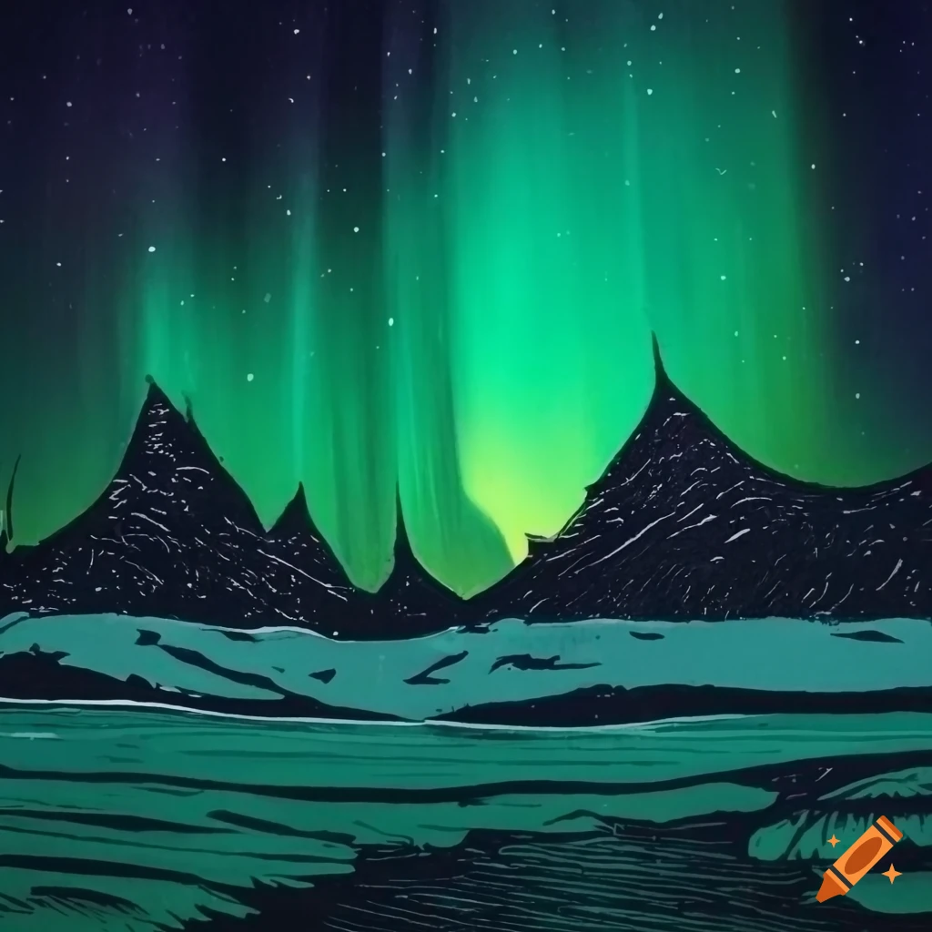 Aurora borealis in high contrast linocut style with vibrant greens and ...