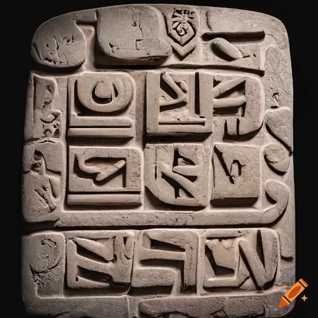 Ancient stone tablet with six raised glyphs on Craiyon