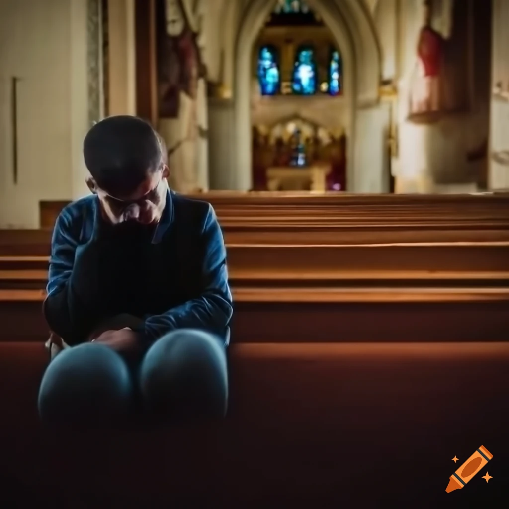 Bored man in church among seated parishioners on Craiyon