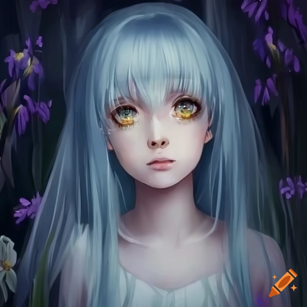 Gloomy anime girl with pale blue hair in a realistic forest setting on ...