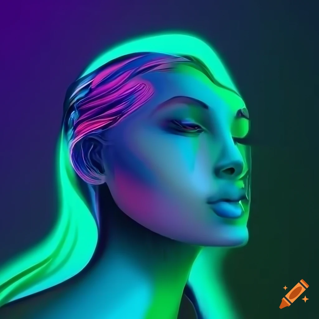 Neon colored line drawing of a woman's head on a fluid wax background ...