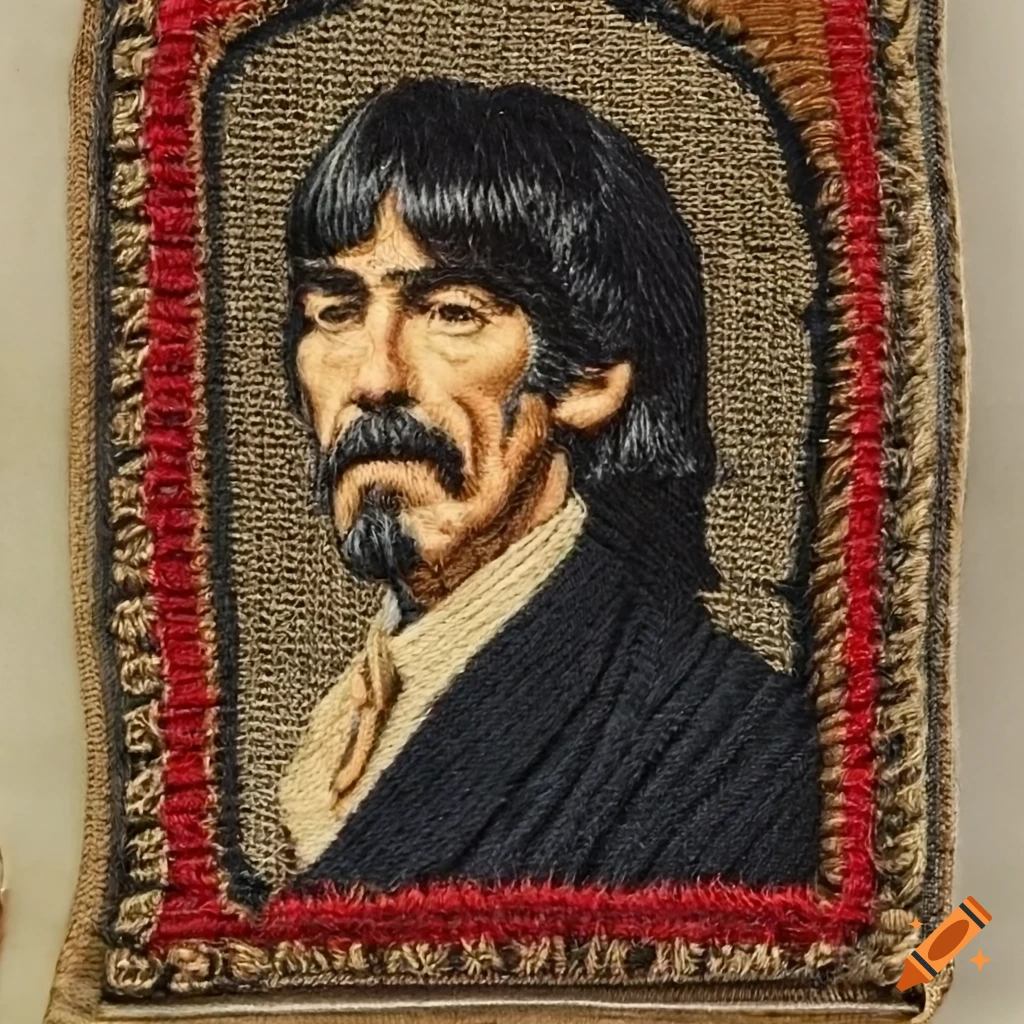 Vintage embroidery patch of close-up portrait of george harrison on Craiyon