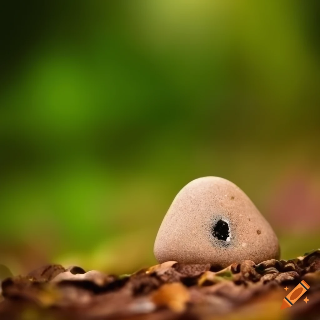 Pebble on brown leafy ground in a green forest on Craiyon