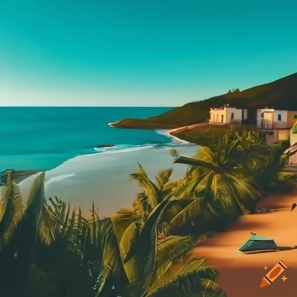 Boho villas in a coastal town with people walking around on Craiyon