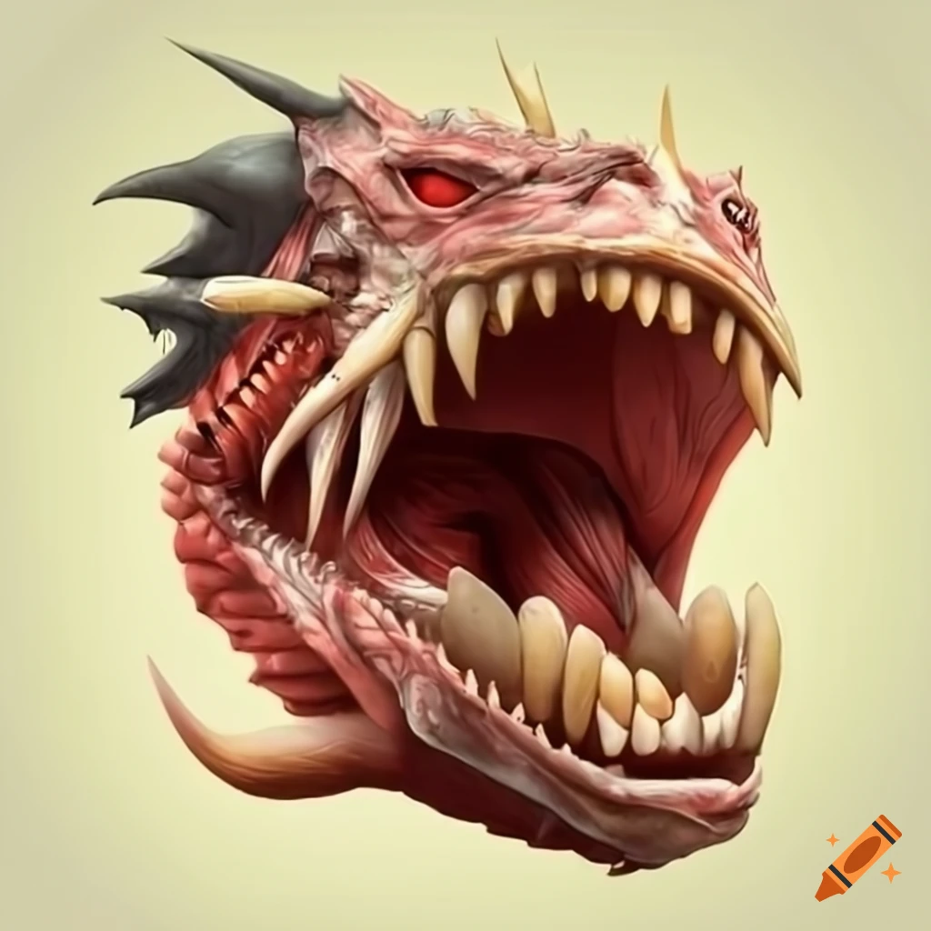 Close-up of a dragon's powerful jaw and teeth on Craiyon