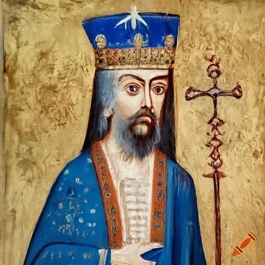 Turkish king in white and blue religious attire from the 5th century on ...