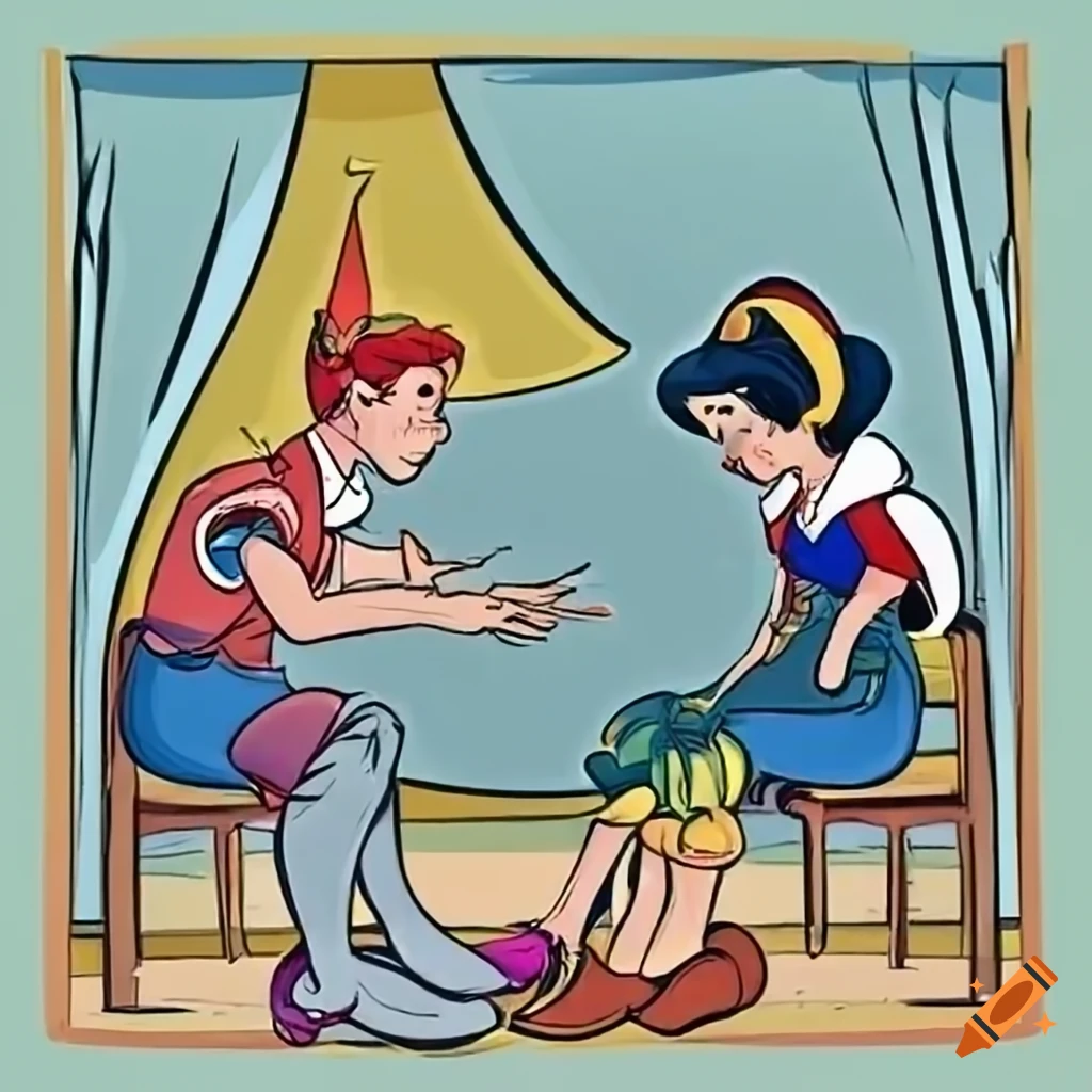 Snow White, Peter Pan, and Pinocchio in school discussing schoolwork in comic book style art on ...