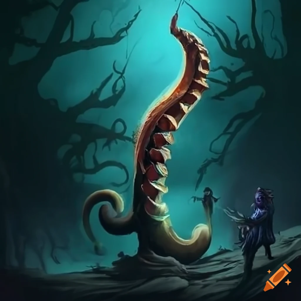 Sword striking a monstrous tentacle in a smoggy and briar-filled ...