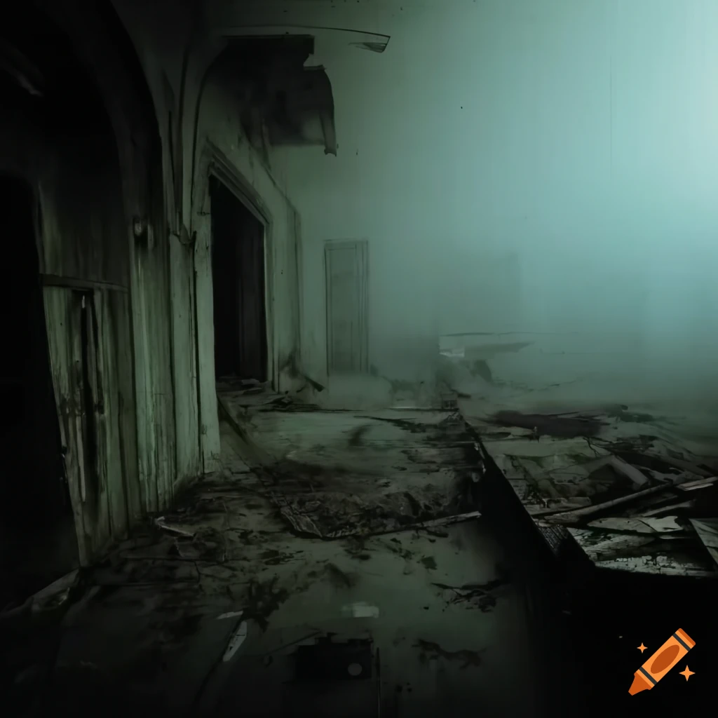 Sun-filled interior of abandoned foggy factory painted white on Craiyon