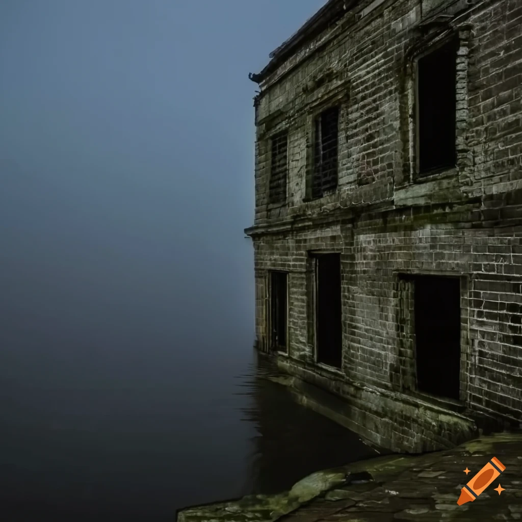 Abandoned brick and sandstone buildings sinking into water in thick fog ...