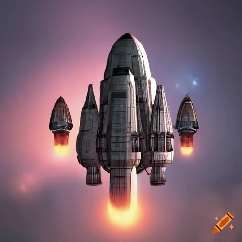 Giant starship with three thrusters and multiple turrets on Craiyon