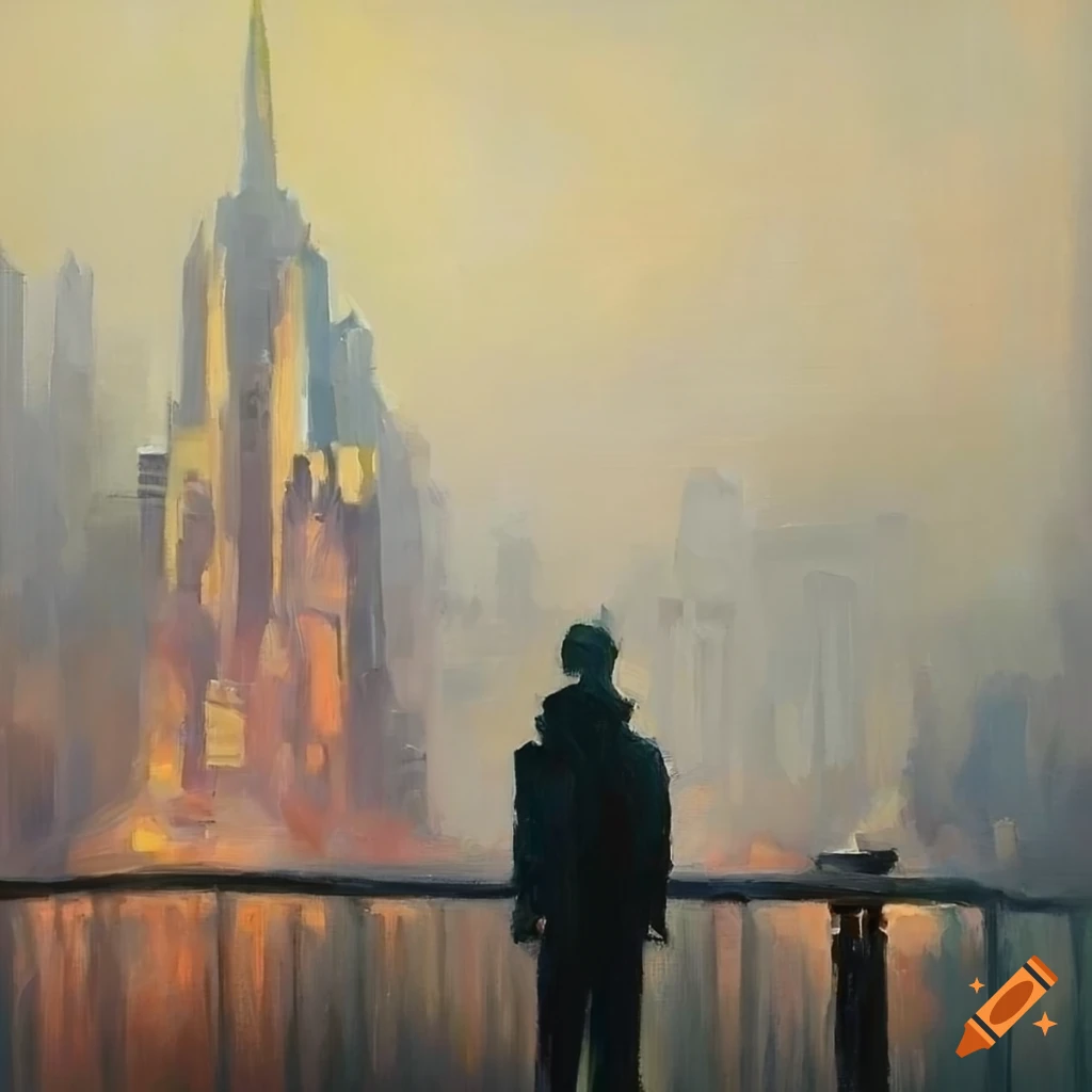 Impressionist painting of a man overlooking New York City skyline in ...