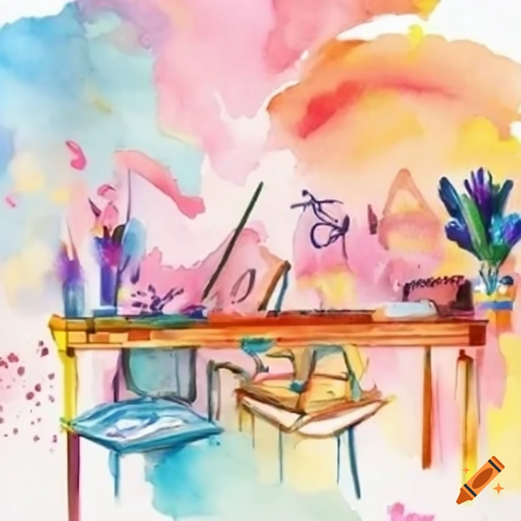 Messy desk in a watercolor painting on Craiyon