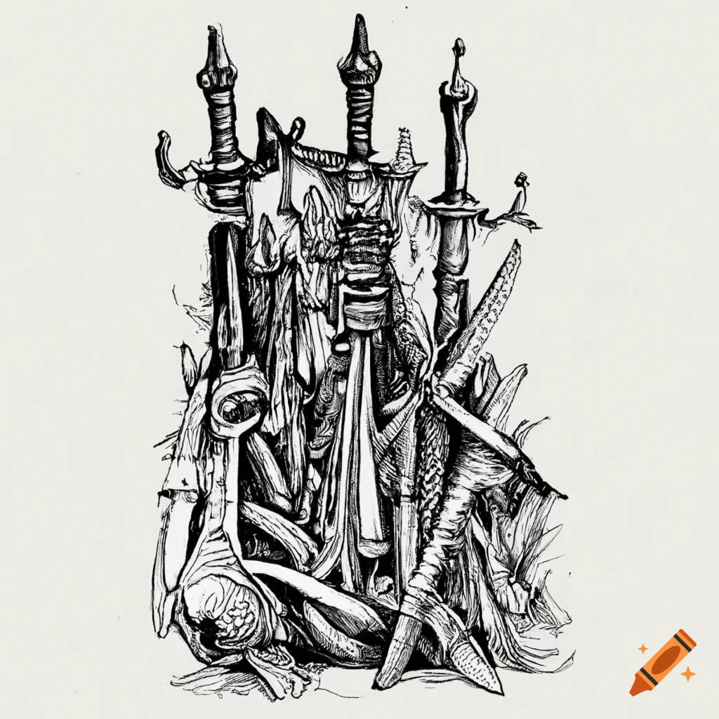 Intricately detailed pile of swords in black and white ink drawing on ...