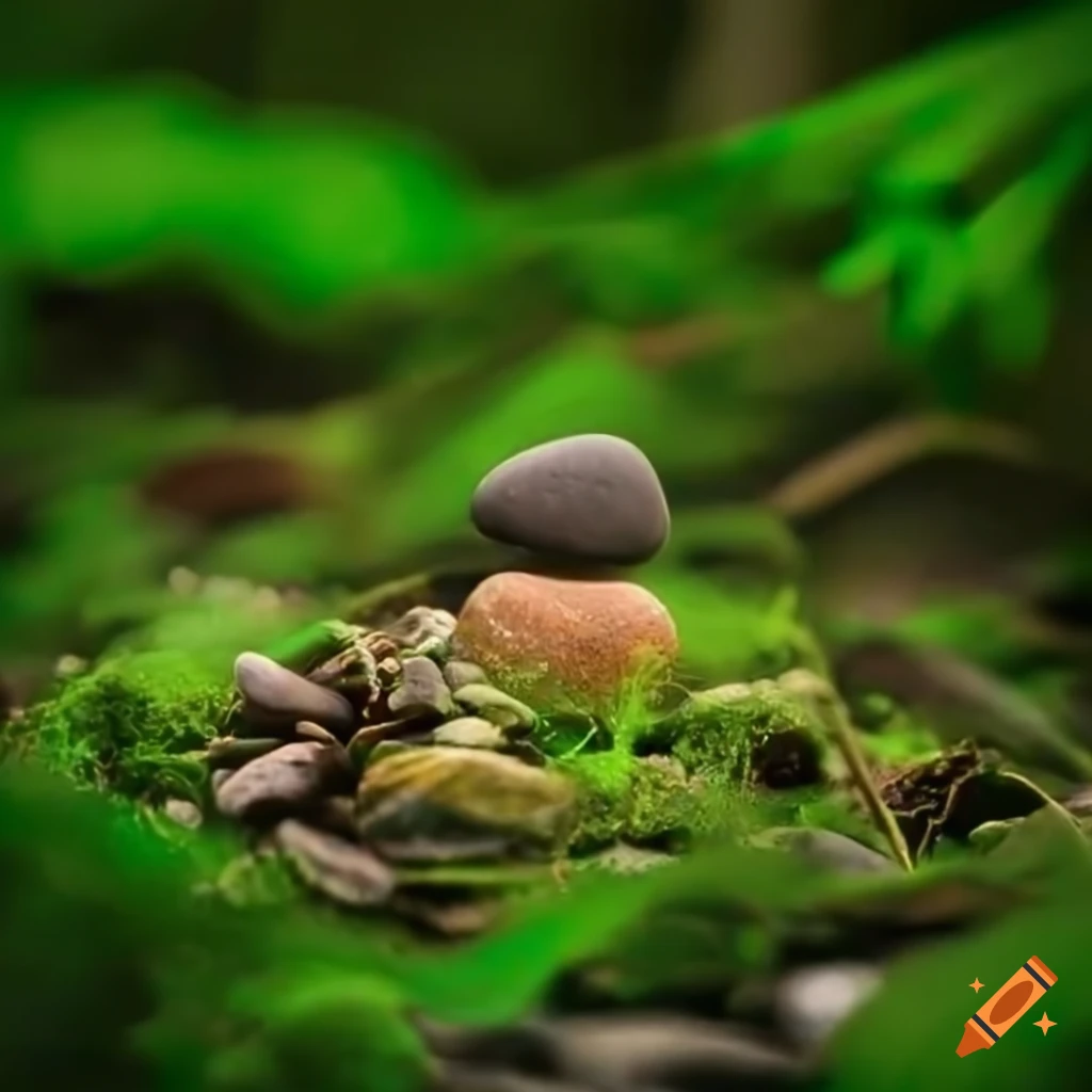 Small pebble in a bright green forest on Craiyon