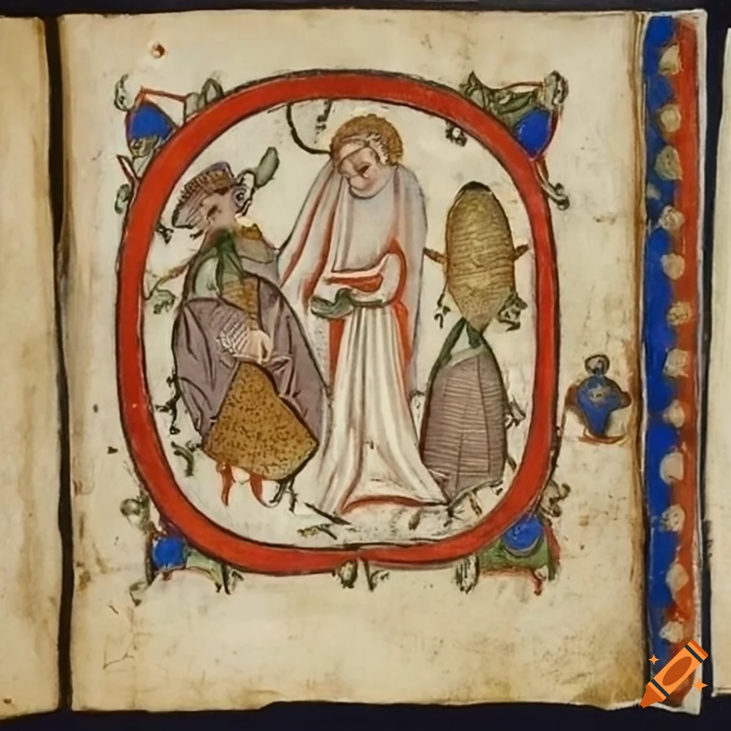 Medieval manuscript depicting a druid and a beetle collaborating in art ...