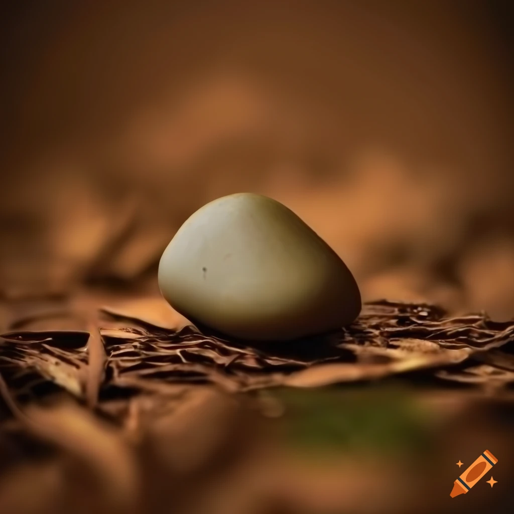 Small pebble on brown leafy ground in a bright green forest on Craiyon