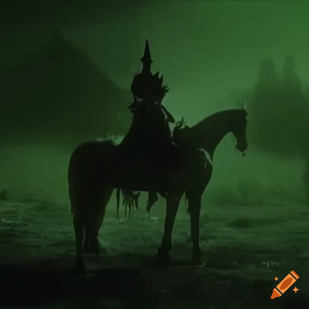 Glowing knight on horse in an eerie green atmosphere on Craiyon