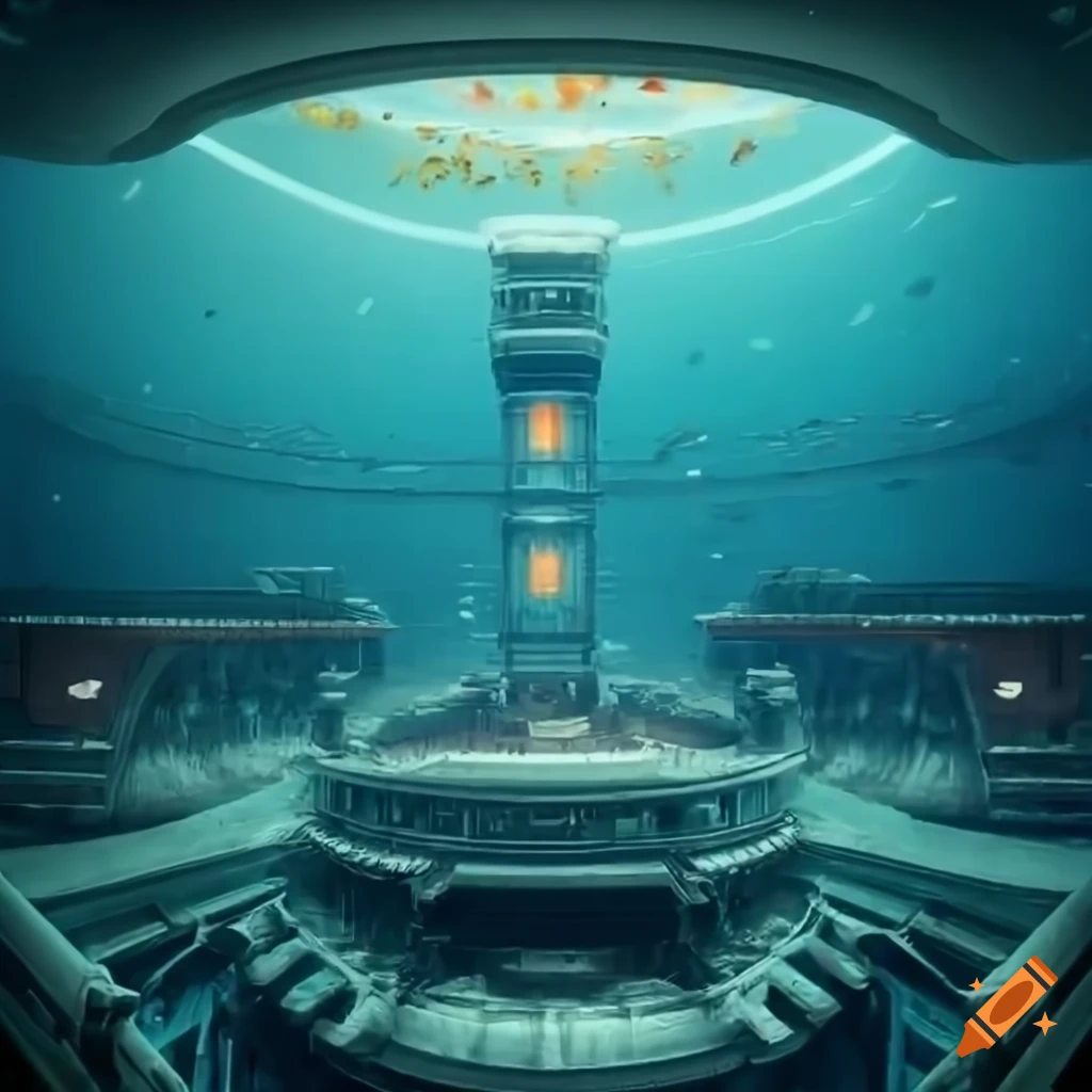 Realistic underwater base with futuristic and ancient infrastructure ...