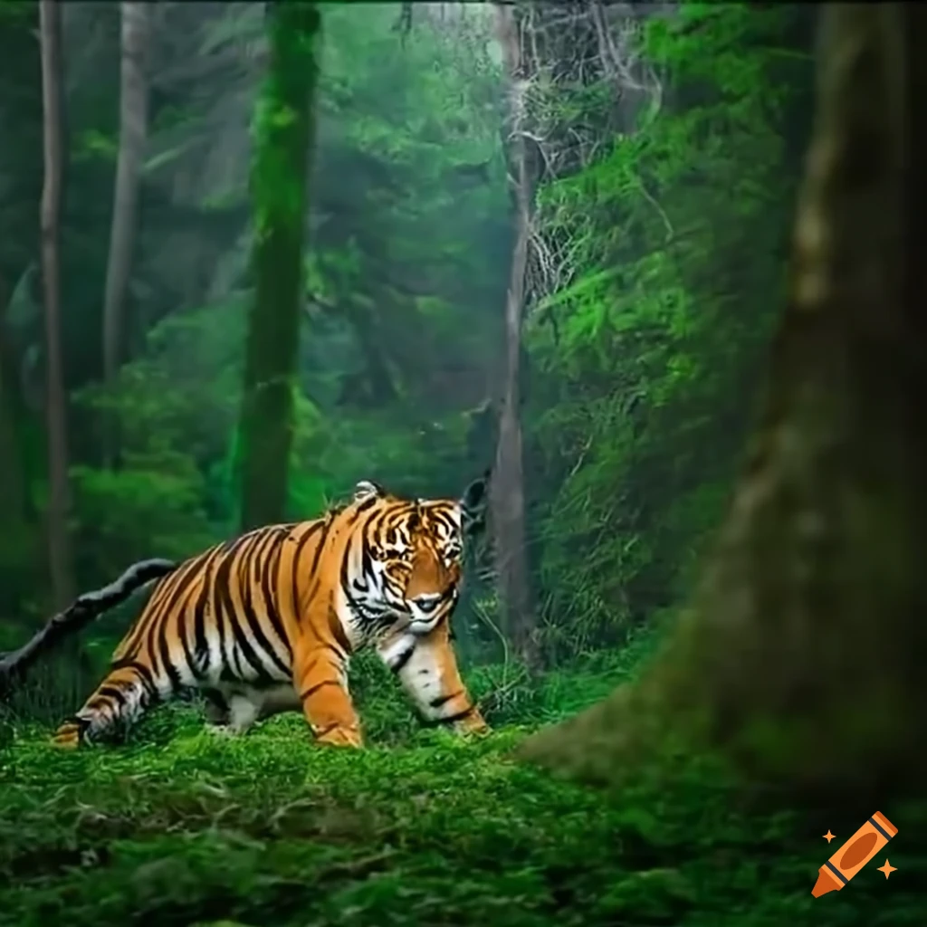 Tiger running in a lush forest on Craiyon