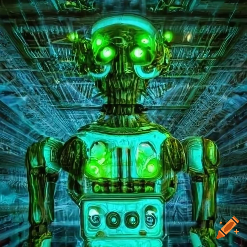 Robot with bright green laser eyes in a neon forest on Craiyon