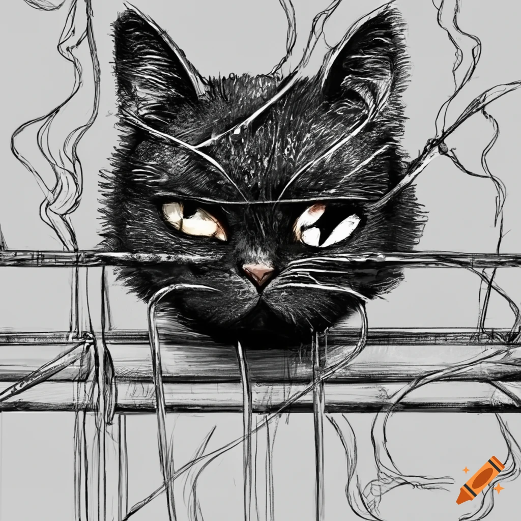 Sketch of a sad black cat behind prison bars on Craiyon