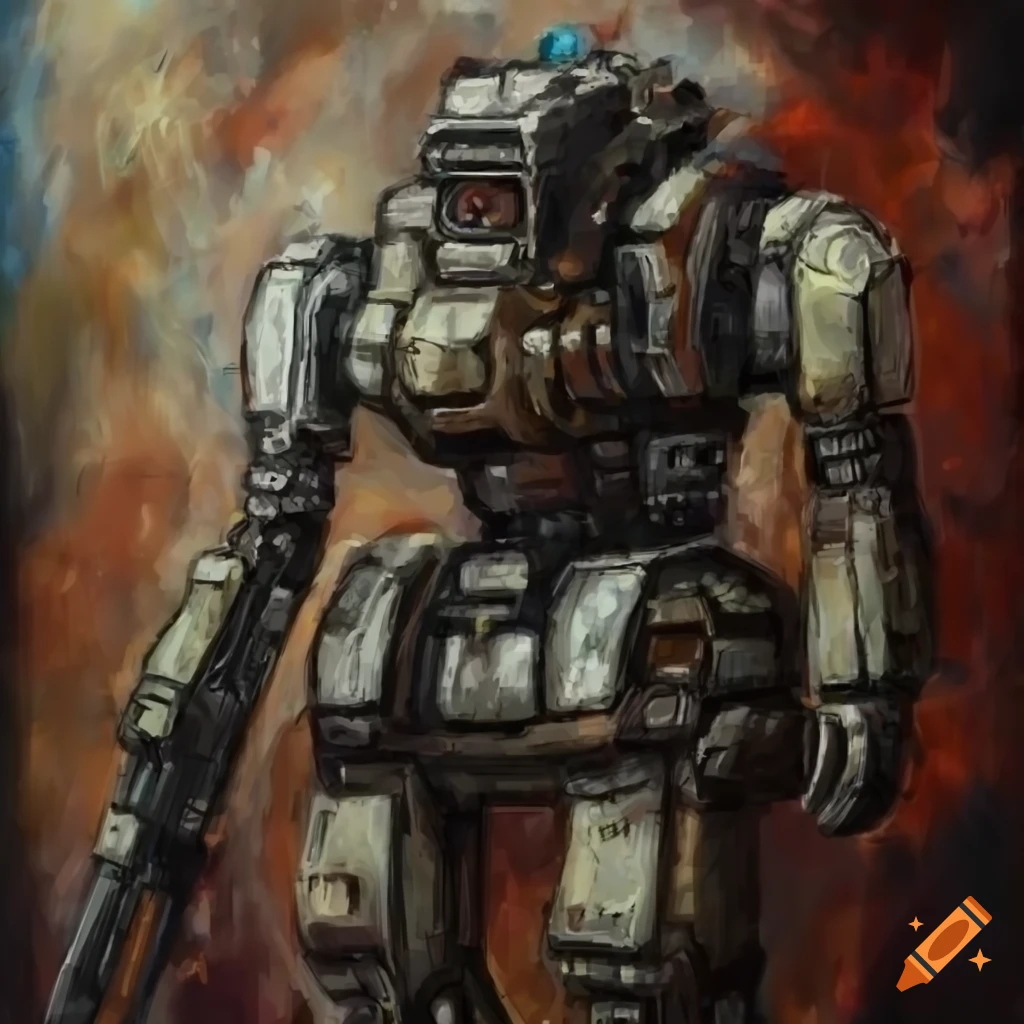 Gritty sketch of a mech with a rifle in space on Craiyon